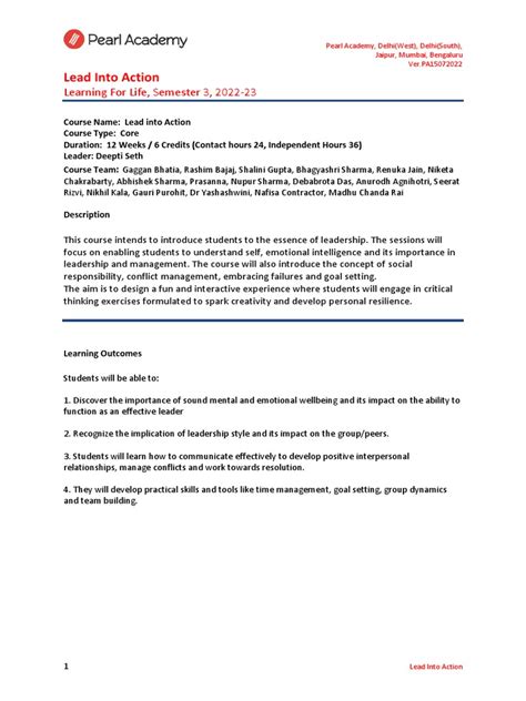 Course Descriptor Lead Into Action Faculty Version Pdf Leadership