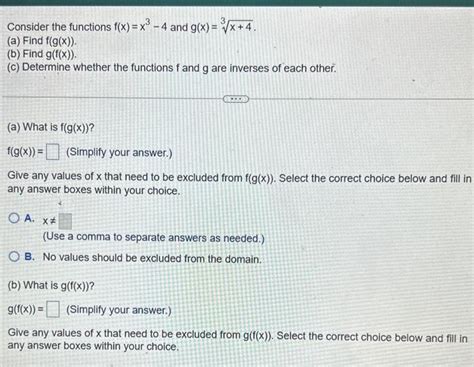 solved consider the functions f x x3−4 and g x 3x 4 a