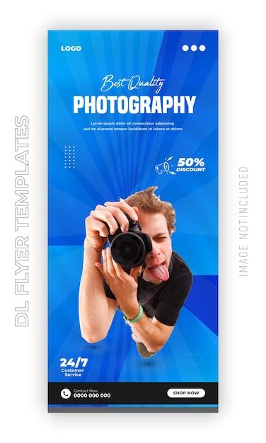 사진 사각형 Dl 플라이어 및 카메라 제품 광고 웹 배너 템플릿 프리미엄 벡터