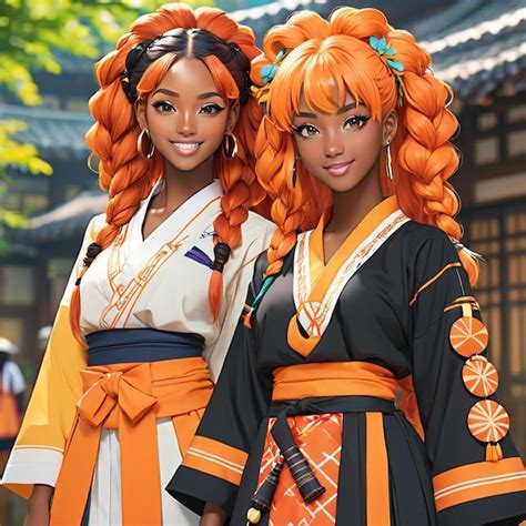 Premium Photo A Two Japanese Girls In Kimonos With Orange Hair And A