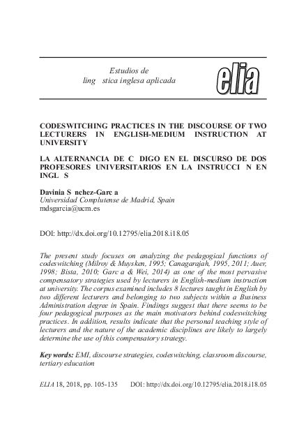Pdf Codeswitching Practices In The Discourse Of Two Lecturers In English Medium Instruction At