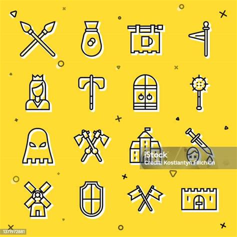 세트 라인 중세 성 문 피가있는 소 체인 메이스 볼 스트리트 간판 바 도끼 공주 중세 창과 아이콘을 교차합니다 벡터 가방에 대한 스톡 벡터 아트 및 기타 이미지 Istock