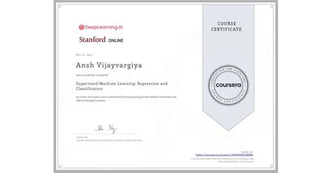 Ansh Vijayvargiya On Linkedin Completion Certificate For Supervised Machine Learning