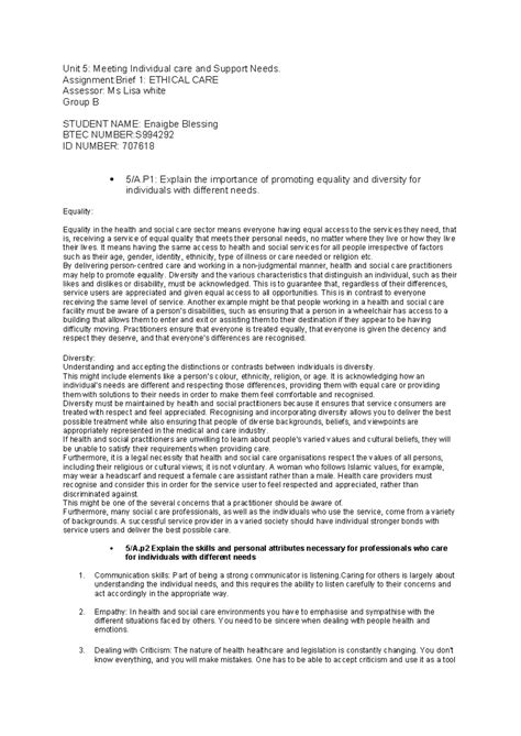 Unit 5 Assignments Summary Unit 1 Assingment 2 Unit 5 Meeting Individual Care And Support