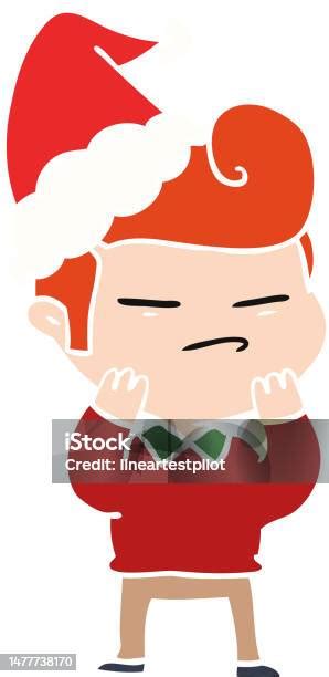 산타 모자를 쓰고 패션 머리를 가진 멋진 남자의 손으로 그린 평면 컬러 그림 귀여운에 대한 스톡 벡터 아트 및 기타 이미지 귀여운 낙서 드로잉 남자 Istock