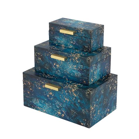 Set Of 3 Decorative Rectangular Storage Boxes Gold Handles Blue