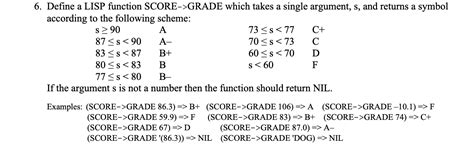 Solved 6 Define A Lisp Function Score Grade Which Takes A