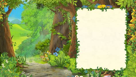 아이들을 위한 텍스트 삽화를 위한 프레임이 있는 숲의 초원이 있는 만화 여름 장면 0명에 대한 스톡 벡터 아트 및 기타 이미지 0명 계절 공란 Istock