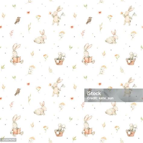 귀여운 토끼 마우스 새 꽃 요소와 수채화 원활한 패턴 봄 컬렉션 어린이 직물 직물 포장지 린넨 벽지 등에 적합 생쥐에 대한 스톡 벡터 아트 및 기타 이미지 Istock