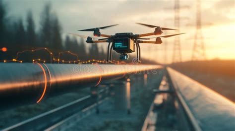 Drone Inspecting Pipeline At Sunset Using Artificial Intelligence Stock