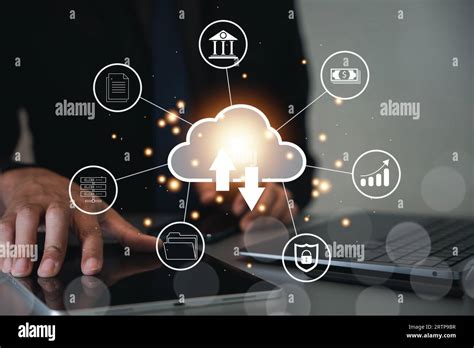 Virtual Screen With Cloud Computing Diagram Displayed By A Man Stock