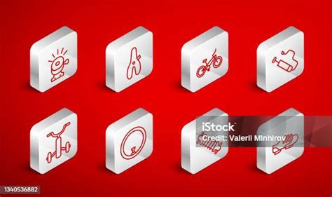 세트 라인 자전거 신발 좌석 공기 펌프 서스펜션 벨 바퀴와 어린이 아이콘 벡터 3차원 형태에 대한 스톡 벡터 아트 및 기타 이미지 3차원 형태 교통수단 금속 Istock