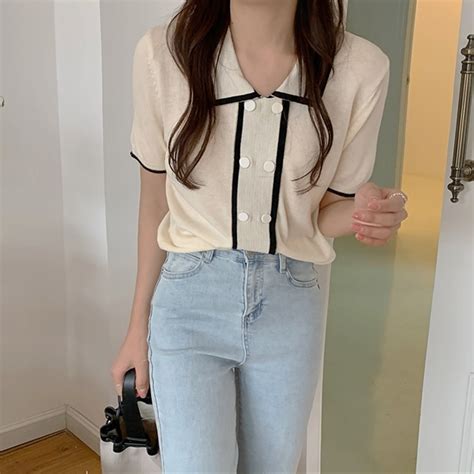 카라 더블 버튼 배색 스티치 반팔 니트 티셔츠 2k105963