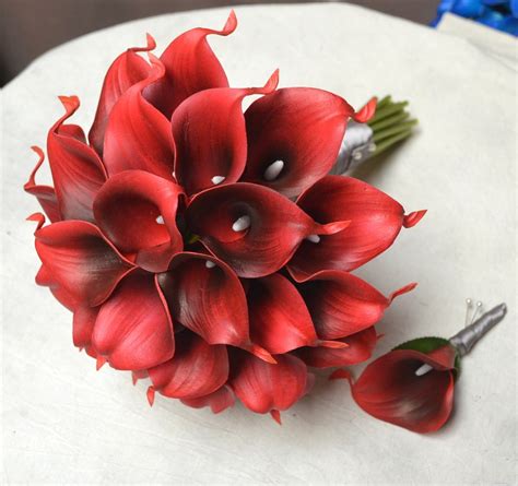 Real Touch Wedding Bridal Bouquet Dark Red Calla Lily Bouquets Groom