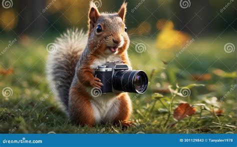 Cute Funny Squirrel With A Camera In The Fluffy Creative Photographer