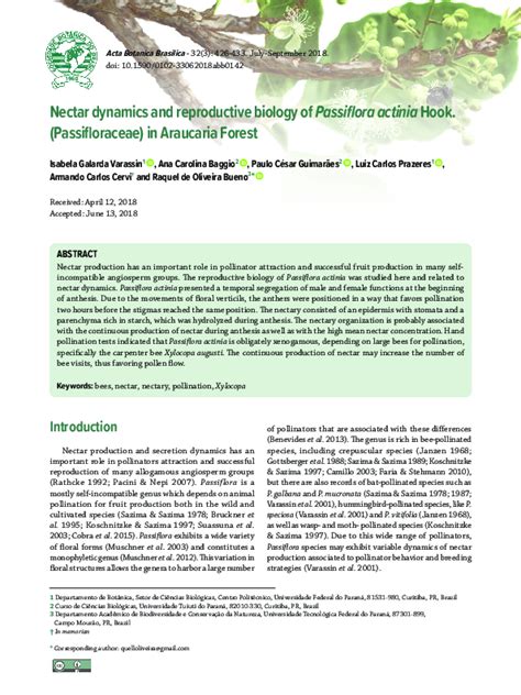 Pdf Nectar Dynamics And Reproductive Biology Of Passiflora Actinia Hook Passifloraceae In