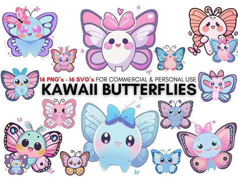 Kawaii Happy Butterflies Watercolor Butterfly Set Butterfly Print