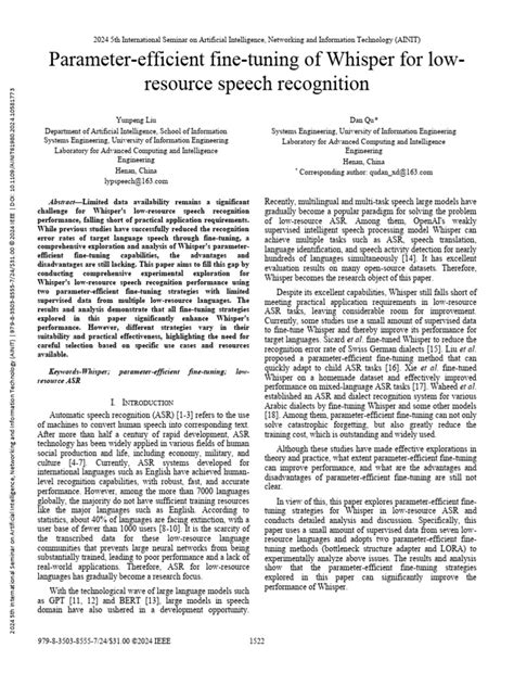 parameter efficient fine tuning of whisper for low resource speech