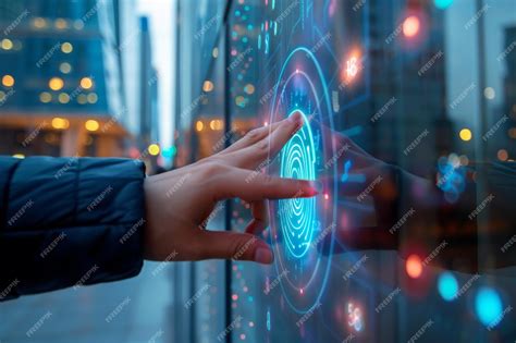Premium Photo Closeup Of A Hand Using A Biometric Scanner Corporate Building In The Background
