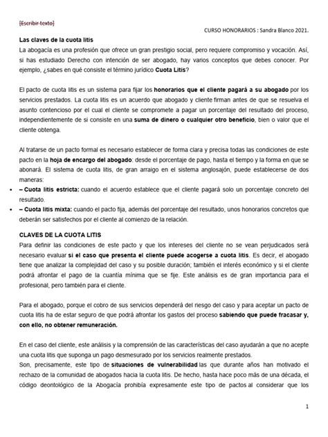 Las Claves De La Cuota Litis Pdf Salario Cliente