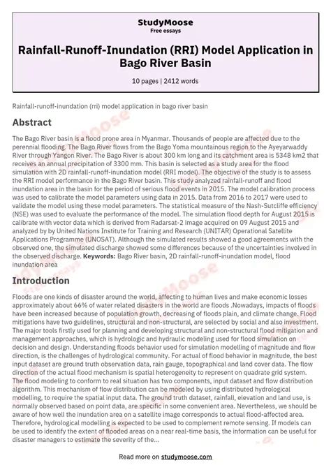 Rainfall Runoff Inundation Rri Model Application In Bago River Basin Free Essay Example
