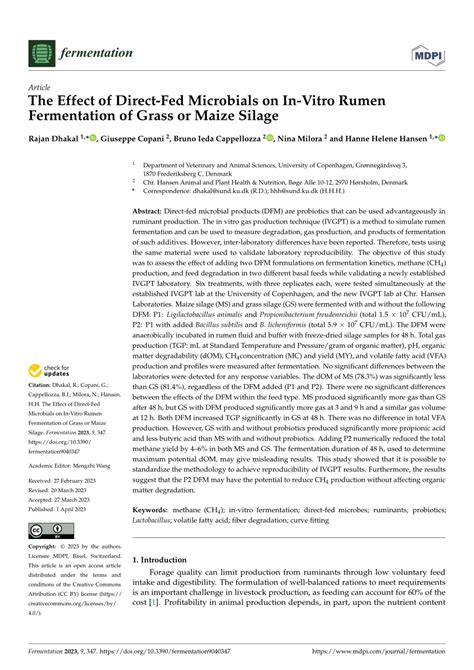 Pdf The Effect Of Direct Fed Microbials On In Vitro Rumen Fermentation Of Grass Or Maize Silage