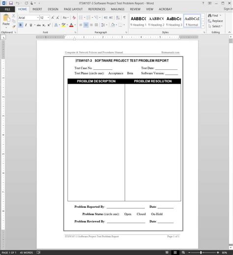 Software Problem Report Template
