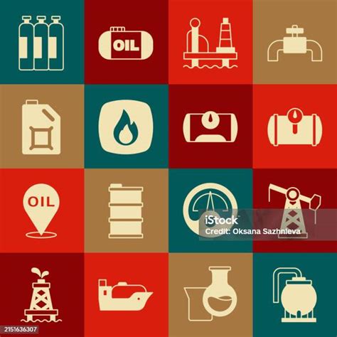 오일 탱크 저장 펌프 펌프 잭 차량용 가스 바다 플랫폼 화재 불꽃 캐니스터 모터 오일 산업용 가스 실린더 및 아이콘을 설정합니다 벡터 가솔린에 대한 스톡 벡터 아트 및 기타