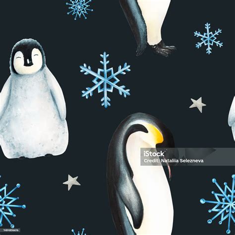 수채화 겨울 매끄러운 패턴 그림 고립된 눈송이 아래 킹 펭귄의 그림 손으로 그림 현실적인 북극과 남극 해양 포유류 디자이너 장식 엽서 포장지 스크랩북 표지 로고 초대장