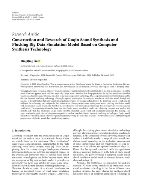 Pdf Construction And Research Of Guqin Sound Synthesis And Plucking Big Data Simulation Model