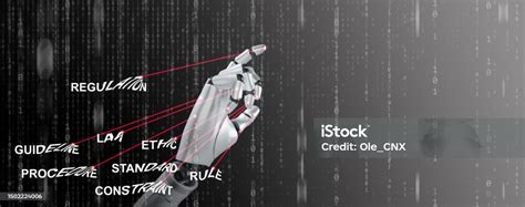 Ai 개발 규제 인공 지능에 대한 명확한 정책은 인공 지능의 오용을 규제하고 방지하는 데 도움이 됩니다 로봇 손은 법 지침 규칙 제약 표준 윤리에 의해 당겨지고 통제됩니다