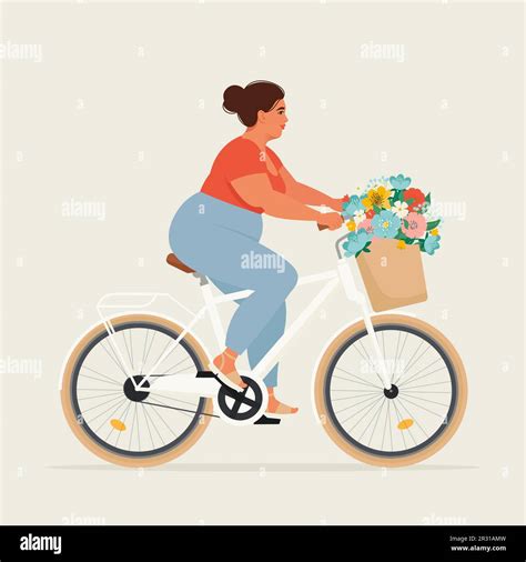 Chubby Attractive Woman Riding A Bike With Flowers In The Basket Vector Illustration In Flat