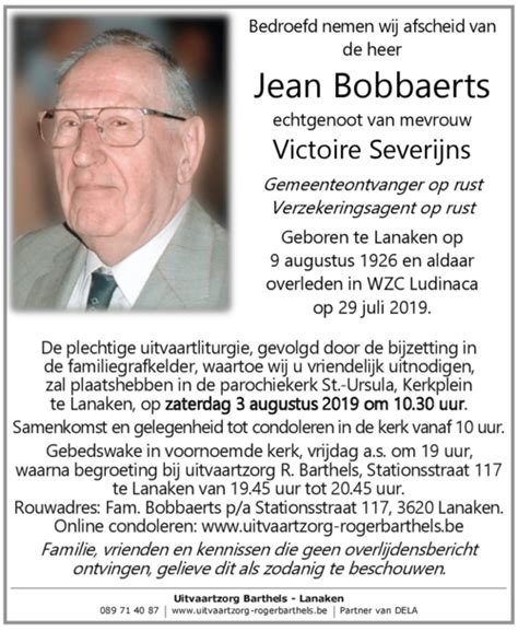 Jean Bobbaerts † 29 07 2019 Inmemoriam