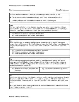 Equation Word Problems Differentiated Worksheet By Algebra For Everyone