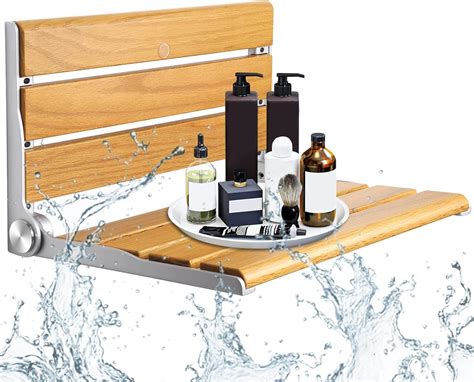 Folding Teak Shower Seat Bench Wall Mounted Space Saving
