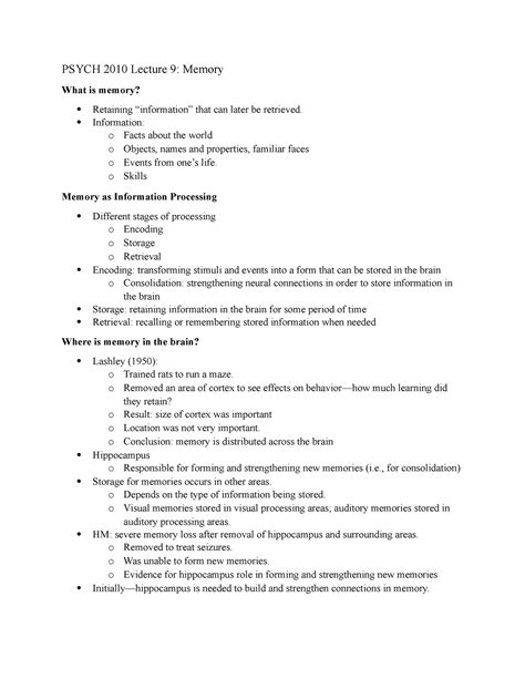 Psych 2010 Lecture 9 Memory Psych 2010 Lecture 9 Memory What Is Memory Retaining