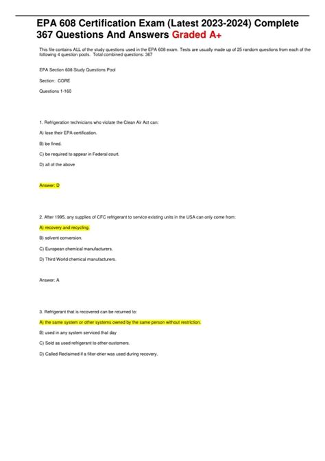 Epa 608 Certification Exam Latest Complete 367 Questions And Answers Graded A Epa 608
