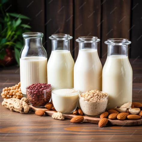 Premium Ai Image Plant Based Milk Various Types Of Vegan Milk