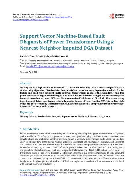 Pdf Support Vector Machine Based Fault Diagnosis Of Power Transformer Using K Nearest Neighbor