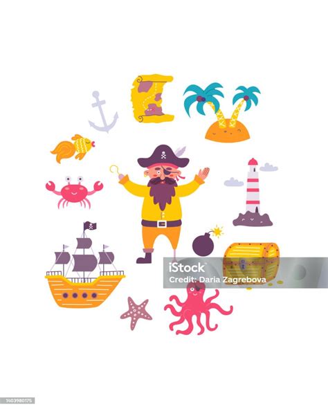 재미있는 어린이 해적 인쇄 바다 주민 배 평평한 손으로 그린 스타일의지도가있는 선장 엽서 포스터 초대장 및 섬유 디자인을위한 디자인 해적에 대한 스톡 벡터 아트 및 기타