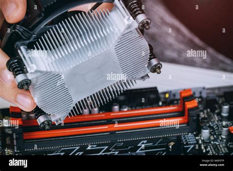 Technician Hands Installing CPU Cooler Fan On A Computer Pc Motherboard Bitcoin Mining