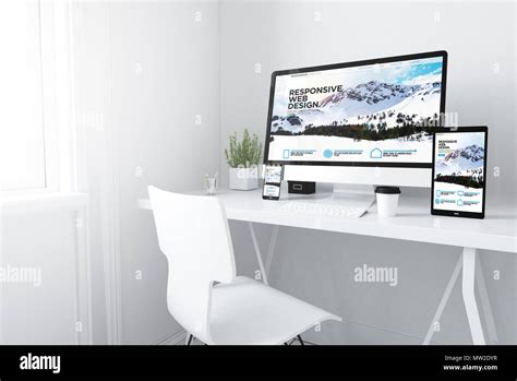 3d rendering of devices on desktop responsive website home on screens