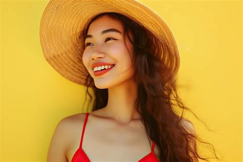 Portrait En Gros Plan D Une Fille Japonaise En Maillot De Bain Rouge Et Un Chapeau Bords