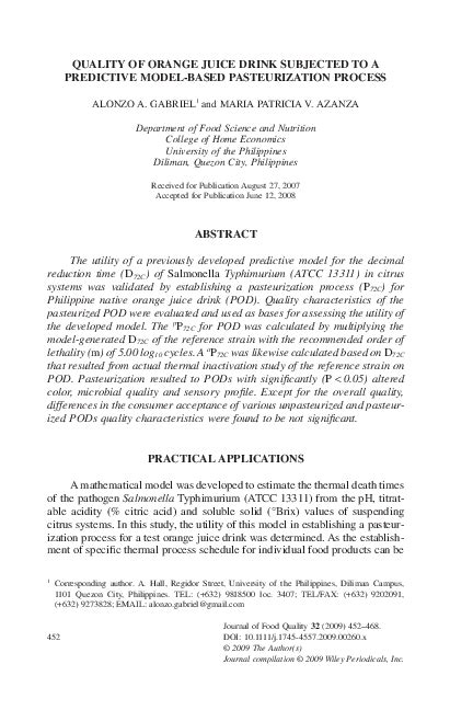 Pdf Quality Of Orange Juice Drink Subjected To A Predictive Model Based Pasteurization Process