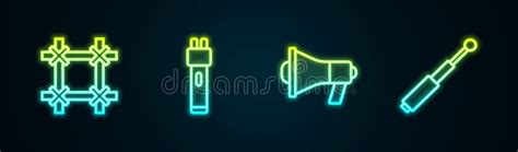 Set Line Prison Window Police Electric Shocker Megaphone And Telescopic Baton Glowing Neon