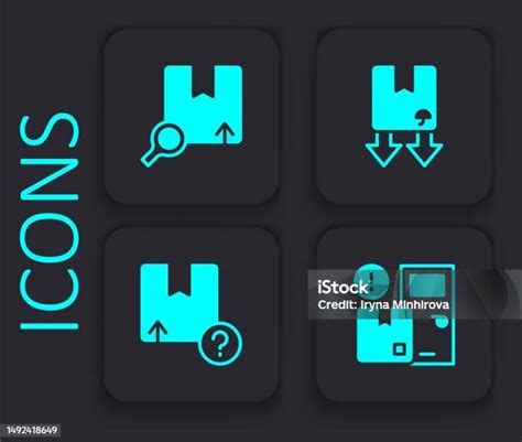 택배 서비스 검색 패키지 교통 기호가 있는 골판지 상자 및 판지 판지 아이콘을 설정합니다 검은색 사각형 버튼입니다 벡터 감시에 대한 스톡 벡터 아트 및 기타 이미지 Istock