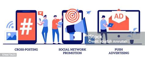 교차 게시 소셜 네트워크 프로모션 작은 사람들과 광고 개념을 밀어 미디어 프로모션 벡터 일러스트레이션 세트입니다 댓글 과 같은