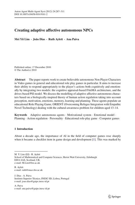 Pdf Creating Adaptive Affective Autonomous Npcs