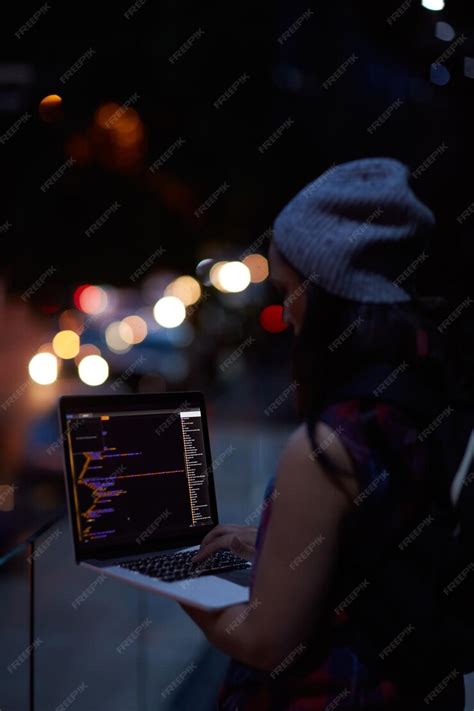 Premium Photo Hacker Code And Night With Woman And Laptop Screen For