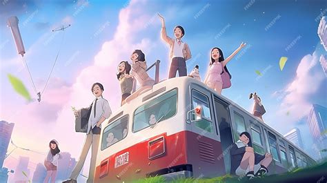 Premium Ai Image Anime Scene Of A Bus With People On Top Of It